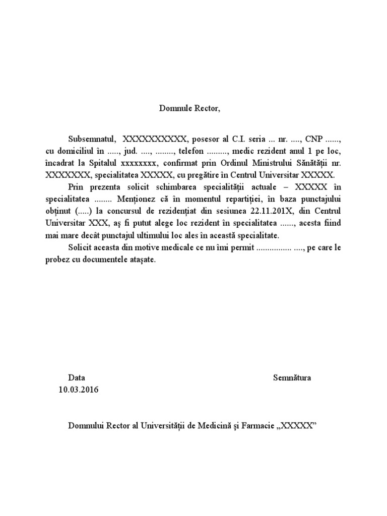 Model Cerere Schimbare Specialitate Rezidentiat