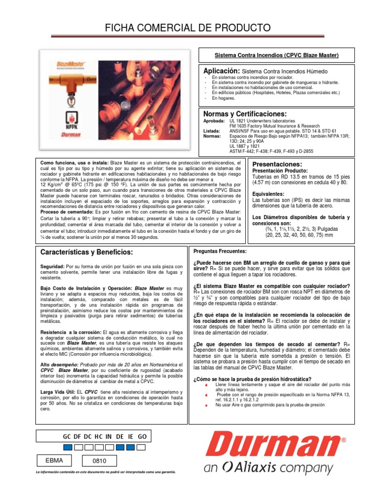 Ficha Ccomercial Blazemaster Durman | Tubería (transporte de fluidos) | Corrosión