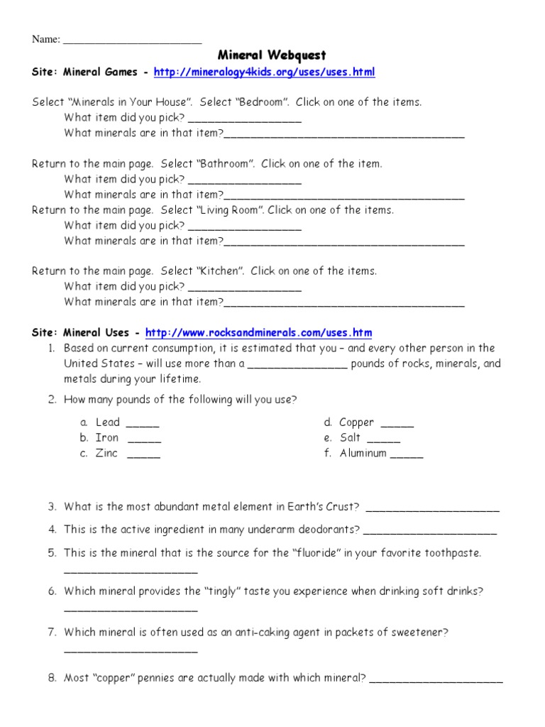 Mineral Webquest: Home Minerals Exploration | PDF | Minerals ...