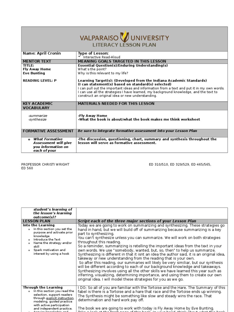 Synthesizing Lessons with "Fly Away Home" | PDF | Lesson Plan ...