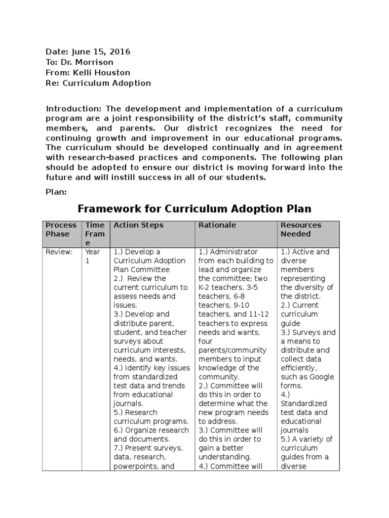 Framework For Curriculum Adoption Plan | PDF | Curriculum | Educational ...