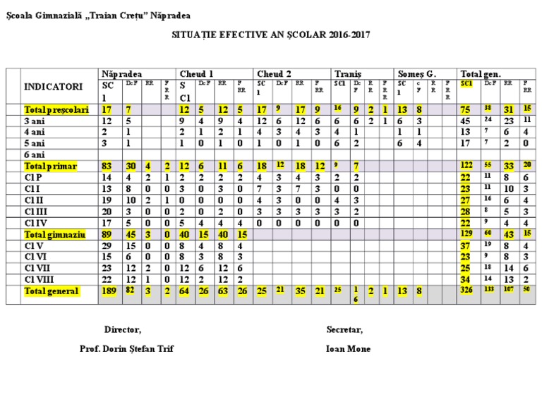 Situatie Efective Elevi 2016-2017 | PDF