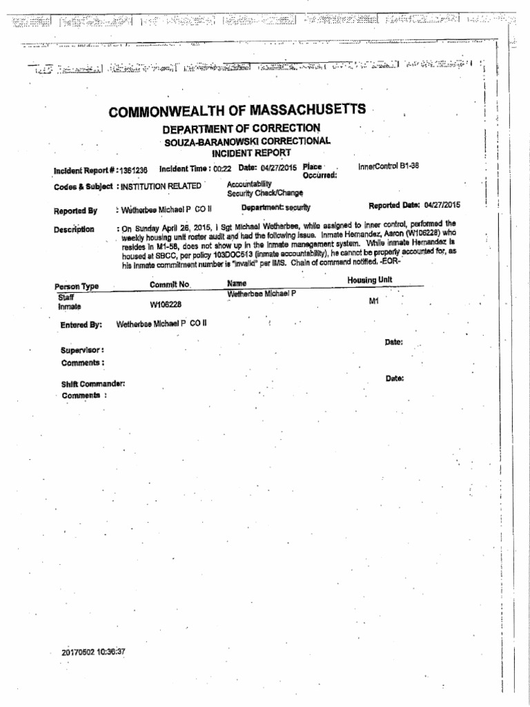 Aaron Hernandez Prison Incident Reports | PDF