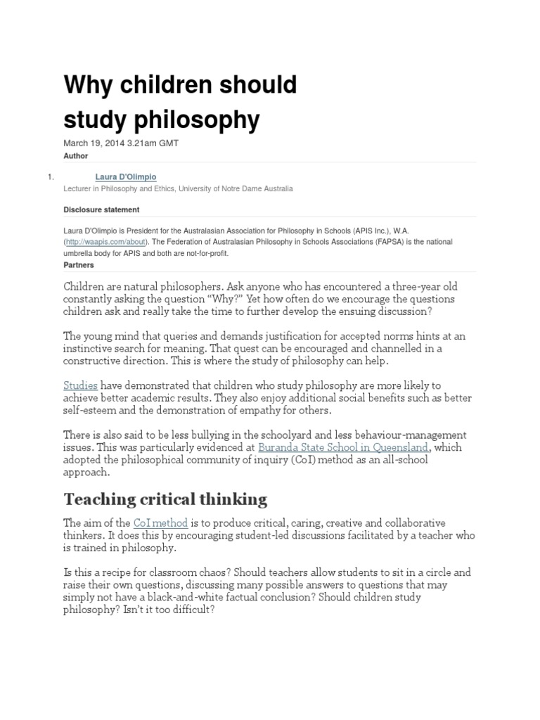 Benefits of Philosophy for Children | PDF | Critical Thinking | Cognition