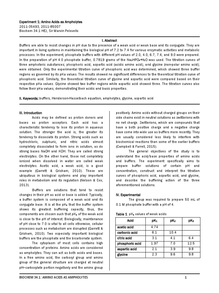 BC34.1 E1 Amino Acids As Ampholytes | PDF | Acid Dissociation Constant ...