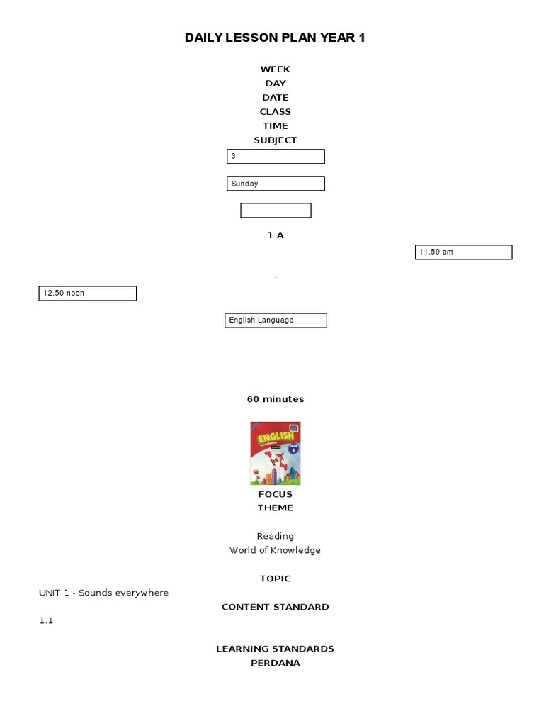 Daily Lesson Plan Year 1: Week DAY Date Class Time Subject | PDF ...