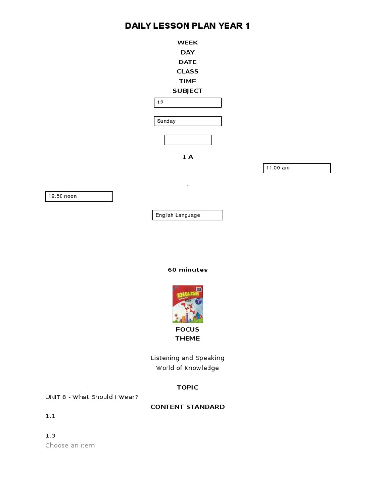 Daily Lesson Plan Year 1: Week DAY Date Class Time Subject | PDF ...