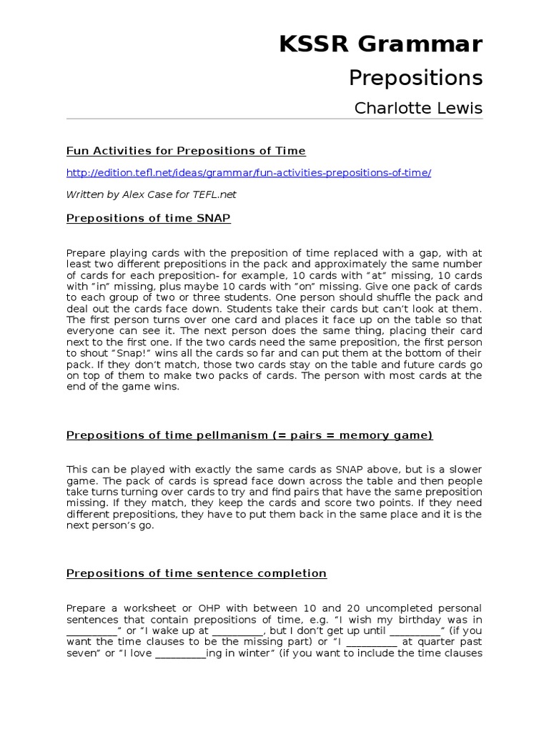 Fun Activities For Prepositions of Time | PDF | Sentence (Linguistics ...