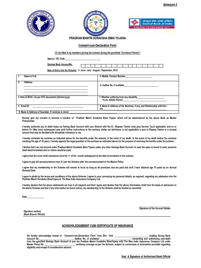 Central Bank of India Final Pmsby Consent Form | PDF | Insurance ...