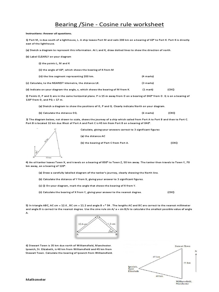 Bearings, Sine Rule & Cosine Rule Worksheet MathsMeter | Sine ...