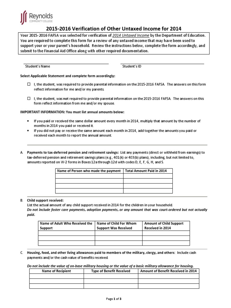 2015-2016 Verification of Other Untaxed Income For 2014 | PDF ...
