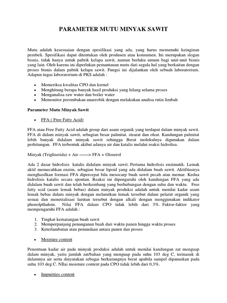 Parameter Mutu Minyak Sawit | PDF