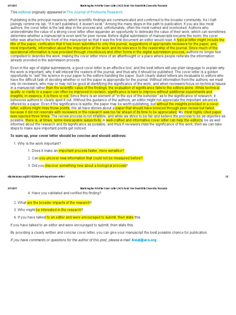 Mastering The Art of The Cover Letter - ACS Axial | PDF | Science ...