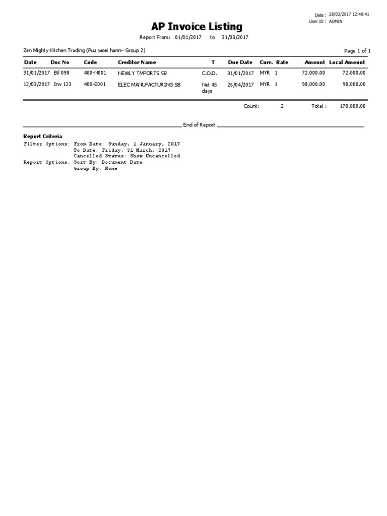 AP Invoice Listing: Amount Local Amount Creditor Name Code Date Doc No ...