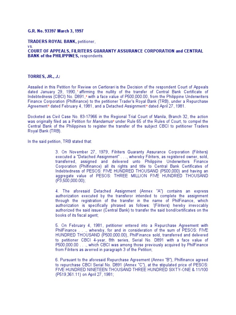 Traders Royal Bank Vs CA (269 Scra 15) Fulltext | PDF | Negotiable ...