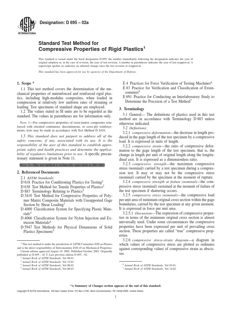Astm D 695 | PDF | Strength Of Materials | Stress (Mechanics)