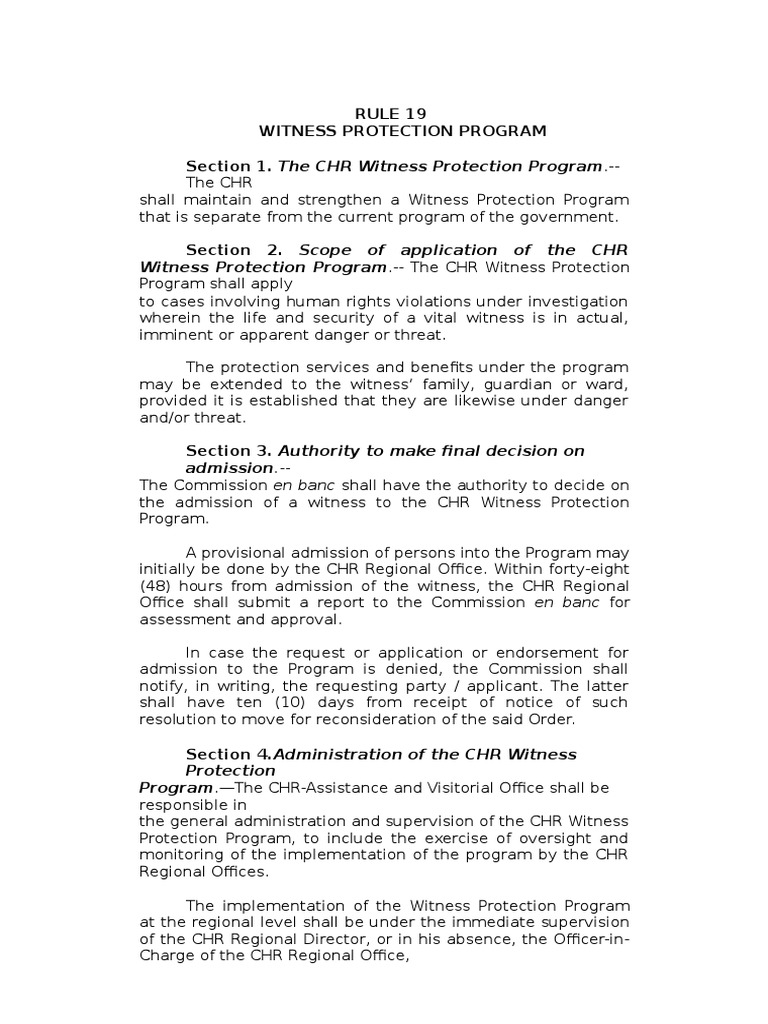 Rule 19 Witness Protection Program Section 1. The CHR Witness ...