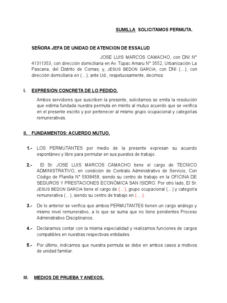Solicitud de Permuta Laboral ESSALUD | PDF | Gobierno