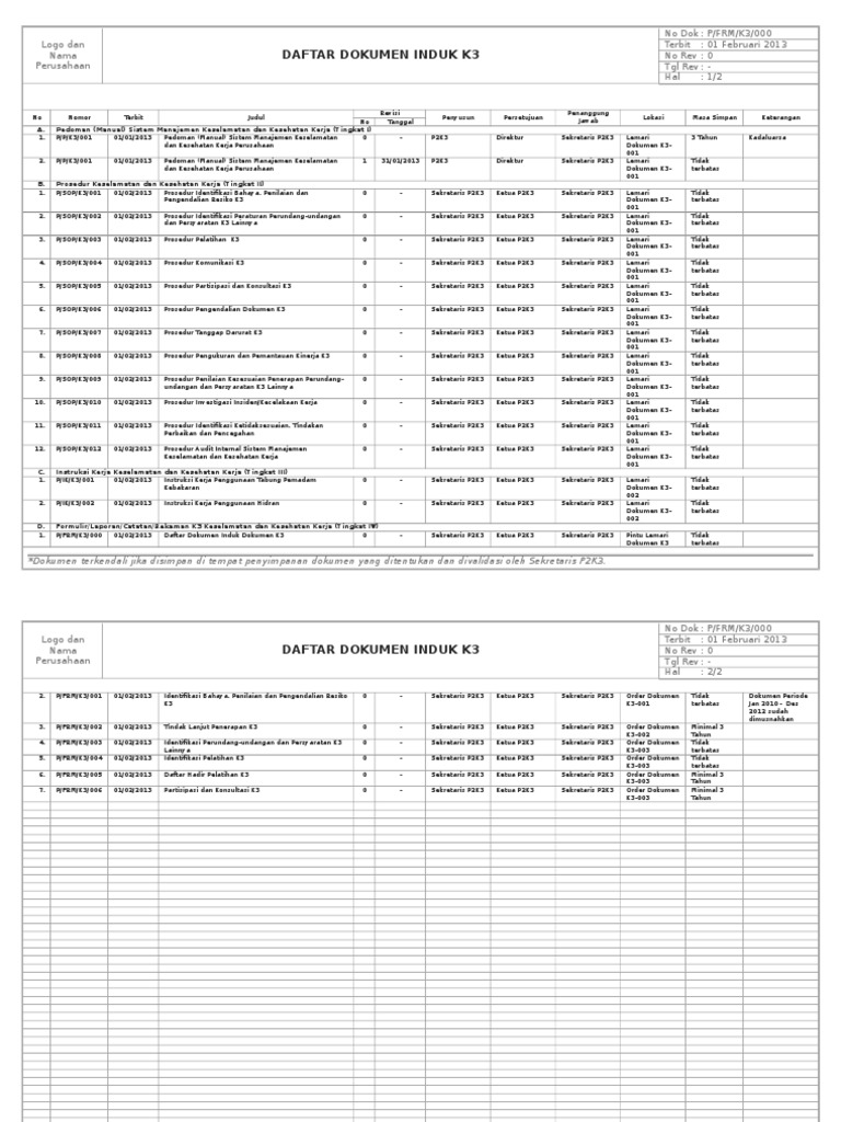 P-FRM-K3-000 Daftar Induk Dokumen K3 | PDF