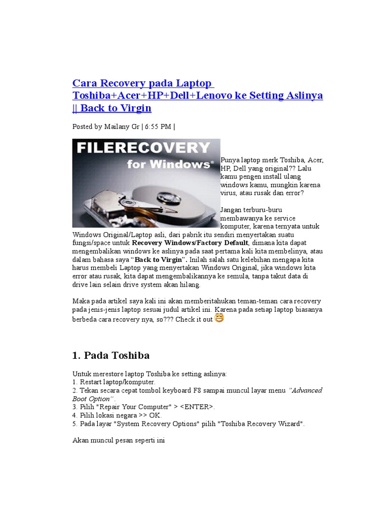 Cara Recovery Pada Laptop Toshiba | PDF