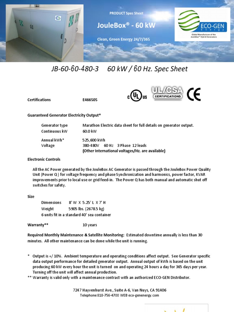 Spec Sheet JouleBox - JB 60-60-480-3 | PDF | Electric Generator | Quantity