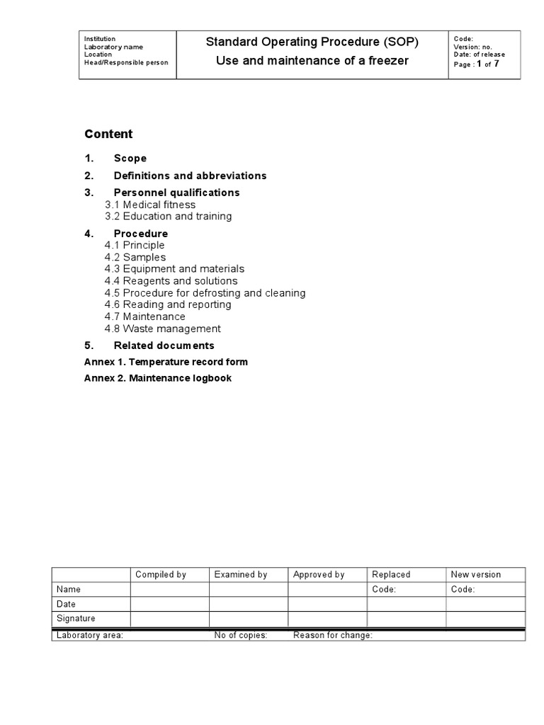 Content: Standard Operating Procedure (SOP) Use and Maintenance of A ...