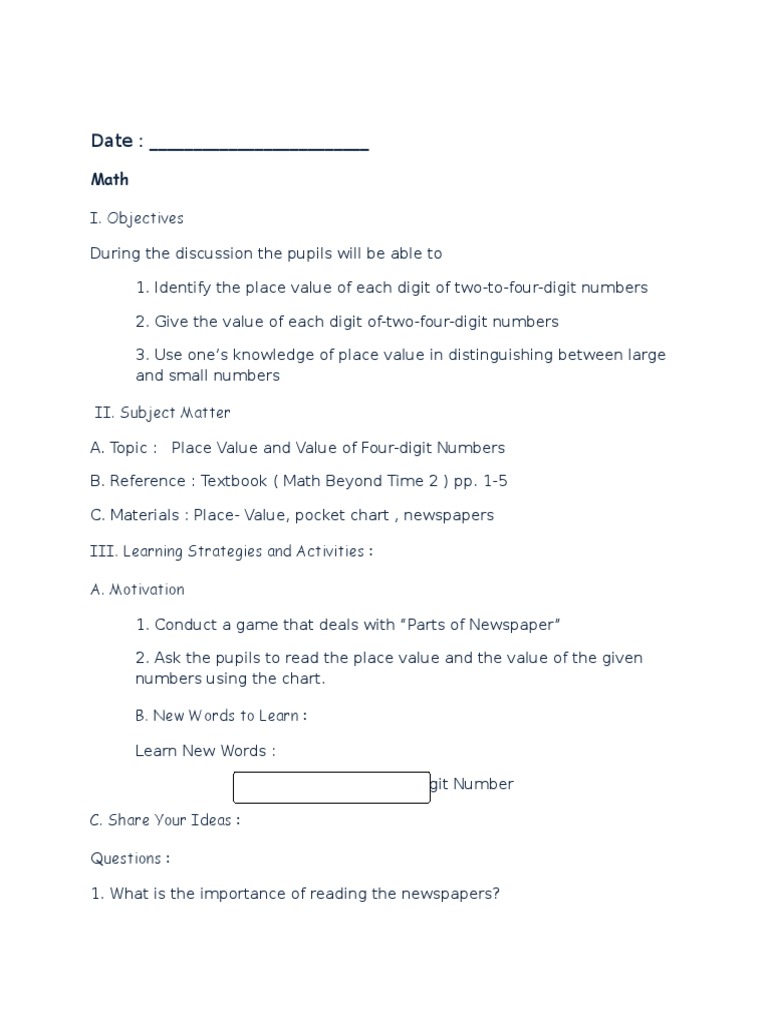 LESSON PLAN - MATH - Place Value and Value of Four-Digit Number | PDF ...