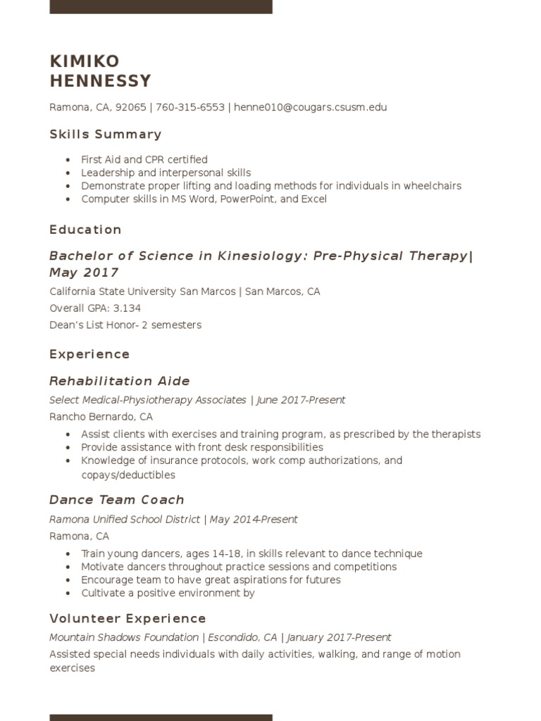 Kinesiology Graduate with Rehab Experience | PDF | Career & Growth ...