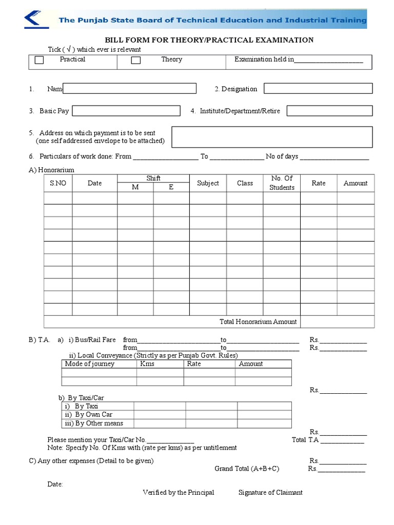 Bill Form For Theory/Practical Examination | PDF
