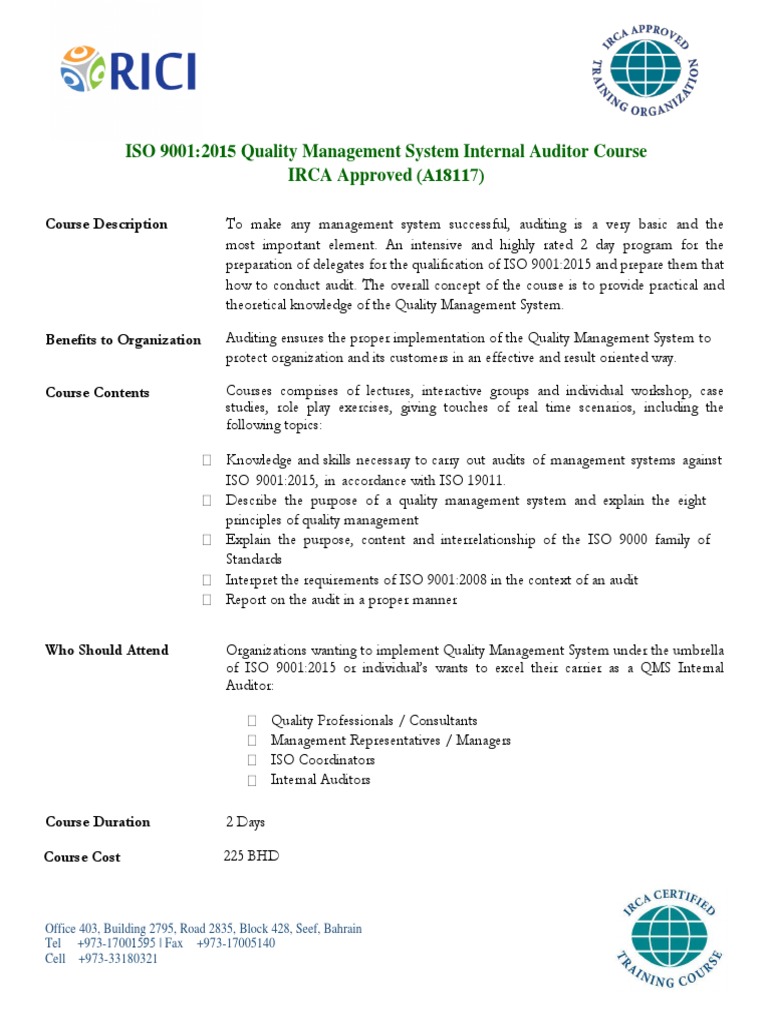 ISO 9001:2015 Auditor Training Course | PDF | Internal Audit | Audit