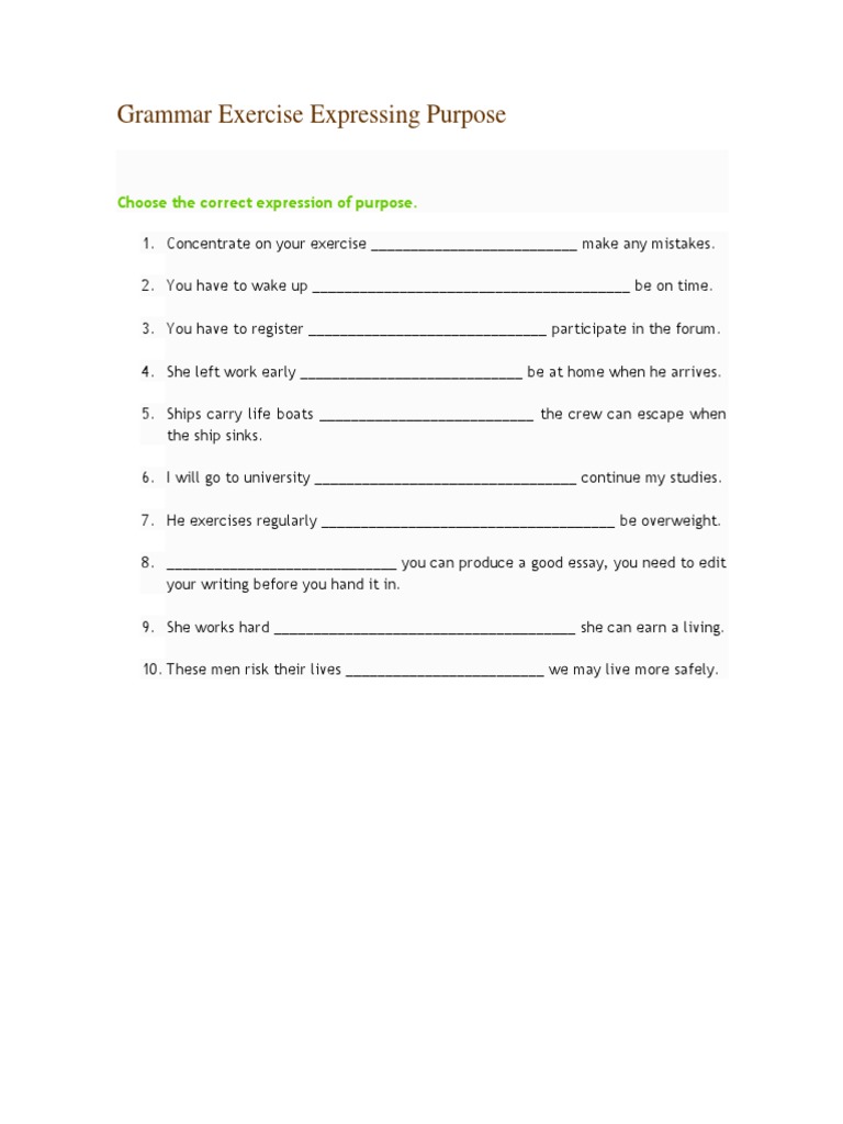 Grammar Exercise Expressing Purpose | PDF