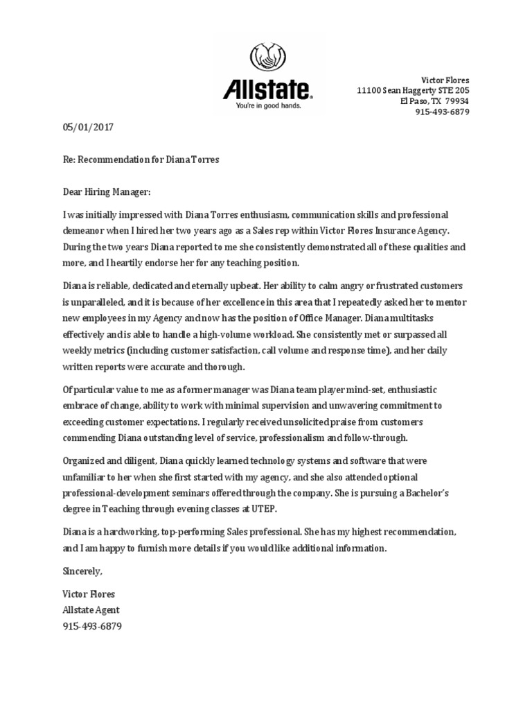 Allstate Recommendation Letter | PDF