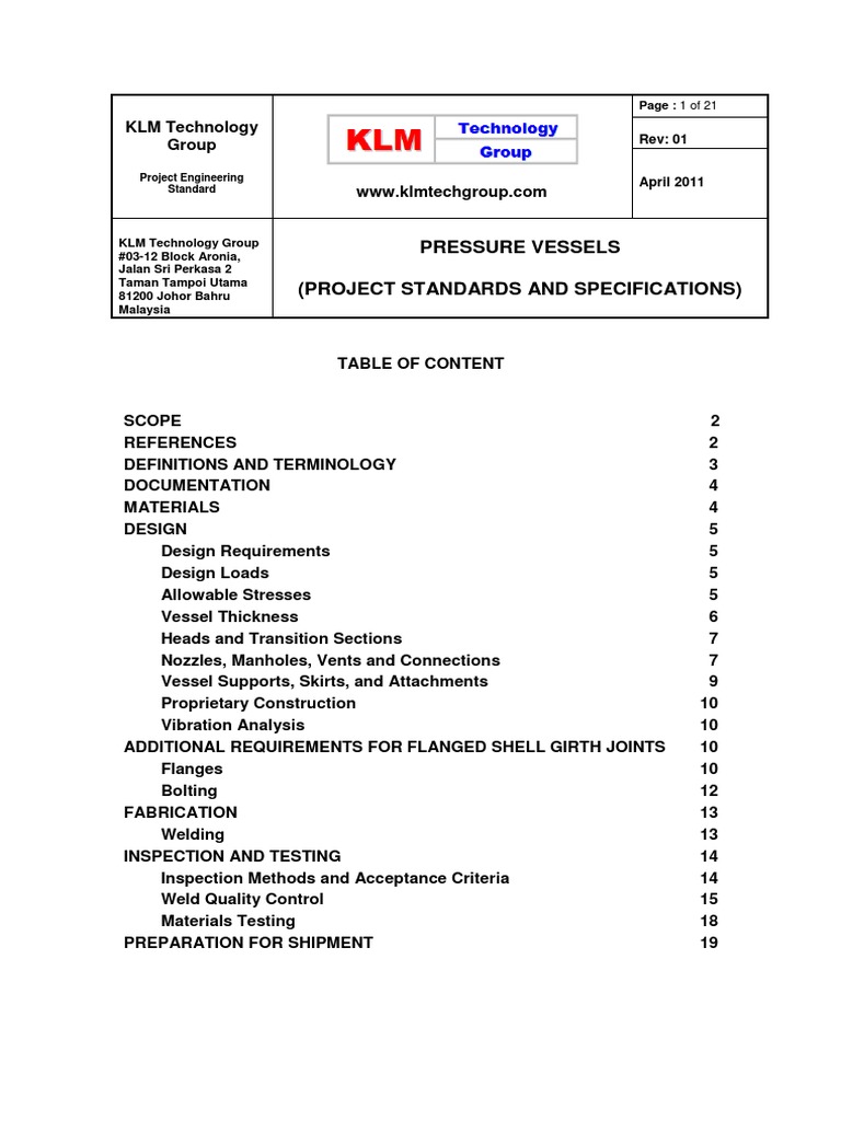 Pressure Vessels (Project Standards and Specifications) : Page: 1 of 21 ...