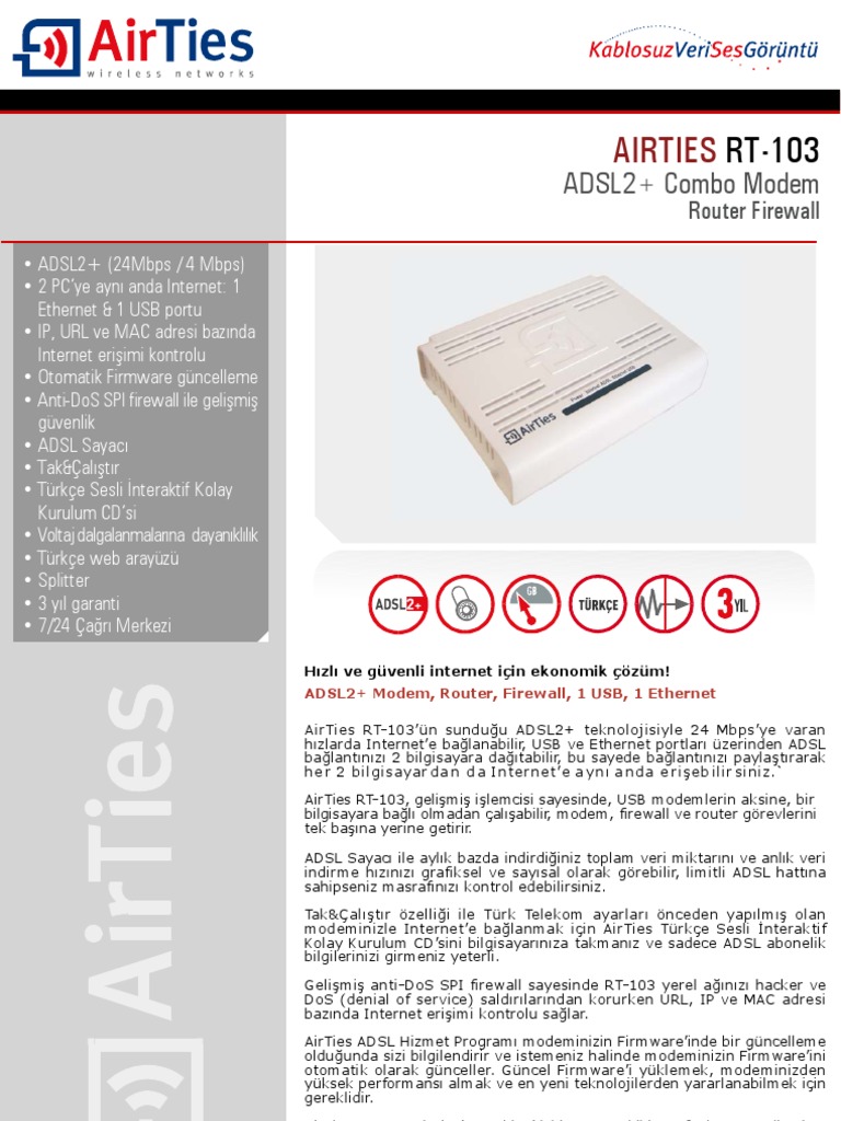 AirTies RT-103 ADSL2+ Combo Modem - Broşür (Turkish) | PDF