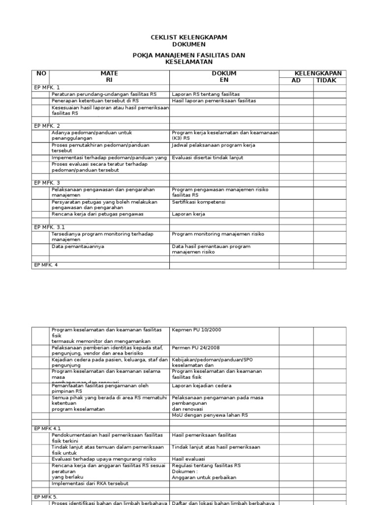Ceklist Manajemen Fasilitas RS dan K3 | PDF