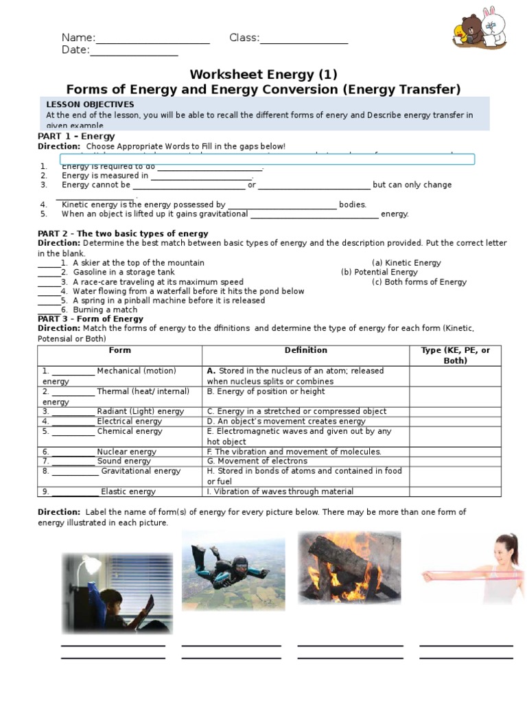 Forms of Energy and Transfer Worksheet | PDF | Forms Of Energy ...