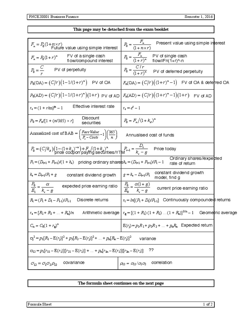 BussFin. Formula Sheet | PDF | Cost Of Capital | Mathematical Finance
