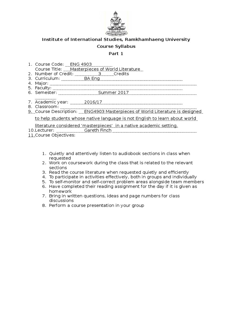 Eng 4903 Course Syllabus New | PDF | Final Examination | Multiple Choice