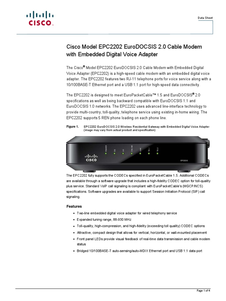 Cisco Model Epc2202 Eurodocsis 2.0 Cable Modem With Embedded Digital ...