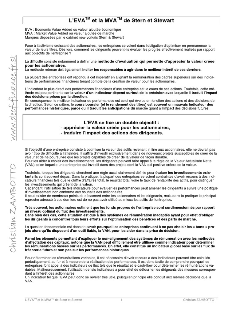 Évaluation de l'EVA et MVA en finance | PDF | Actionnaire | Investir