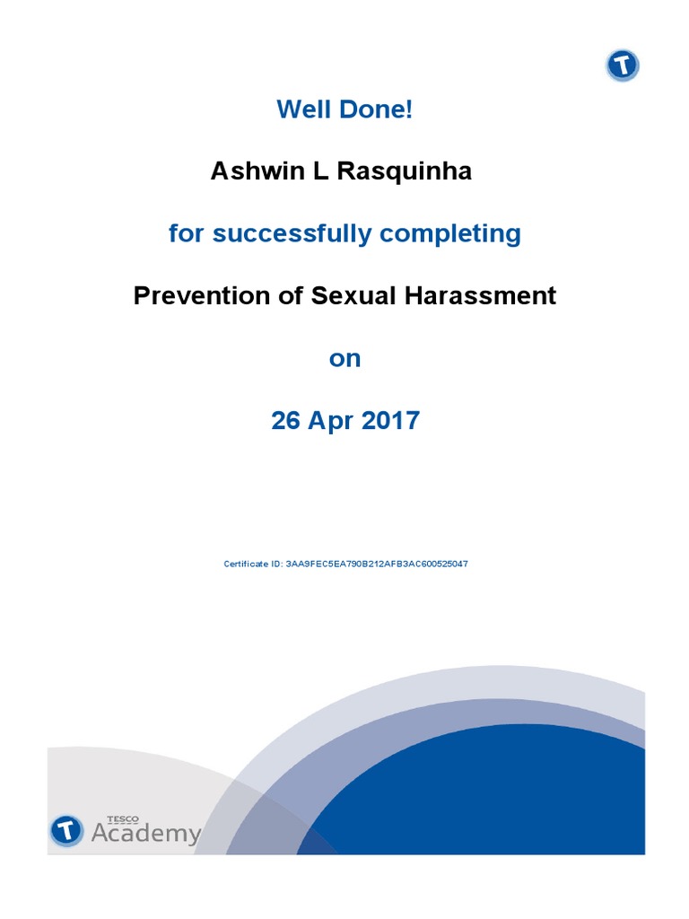 Certificate of Completion for Prevention of Sexual Harassment Training ...