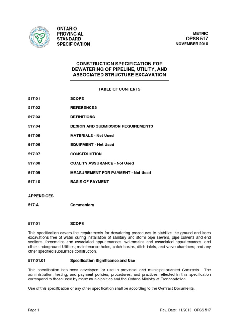 Construction Specification For Dewatering of Pipeline, Utility, and Associated Structure ...