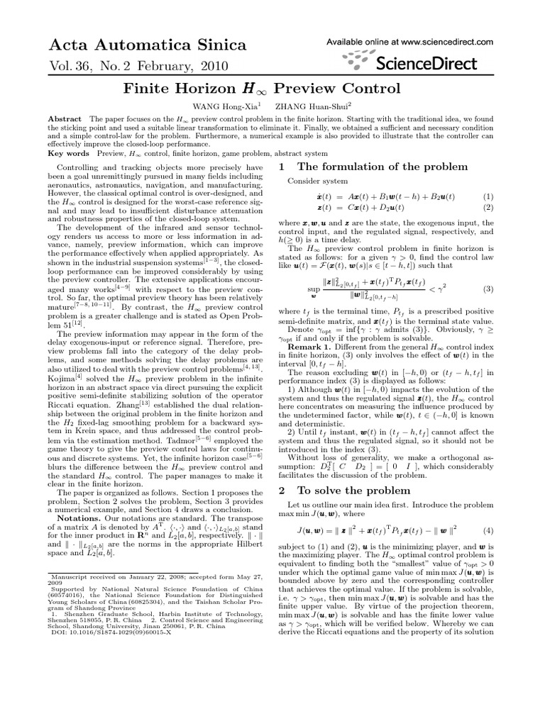 Finite Horizon H Preview Control Pdf Institute Of Technology Control Theory