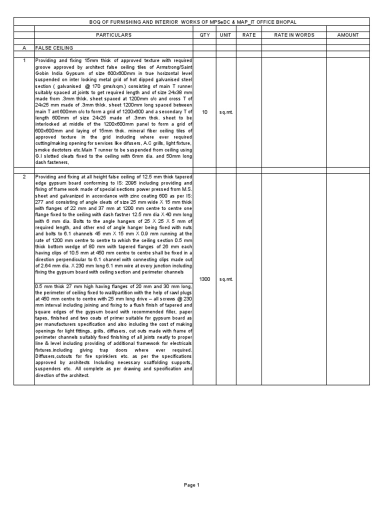 BOQ OF FURNISHING AND INTERIOR WORKS | PDF | Flooring | Duct (Flow)