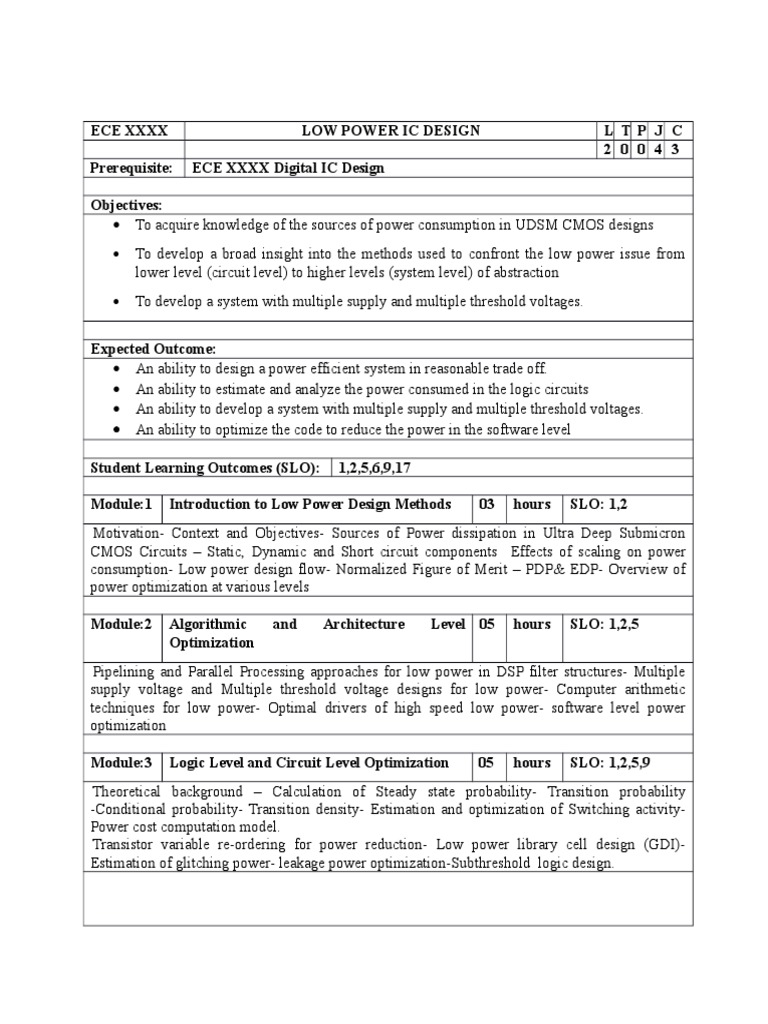 1 - Low Power IC Design - Syllabus | PDF | Program Optimization | Cmos