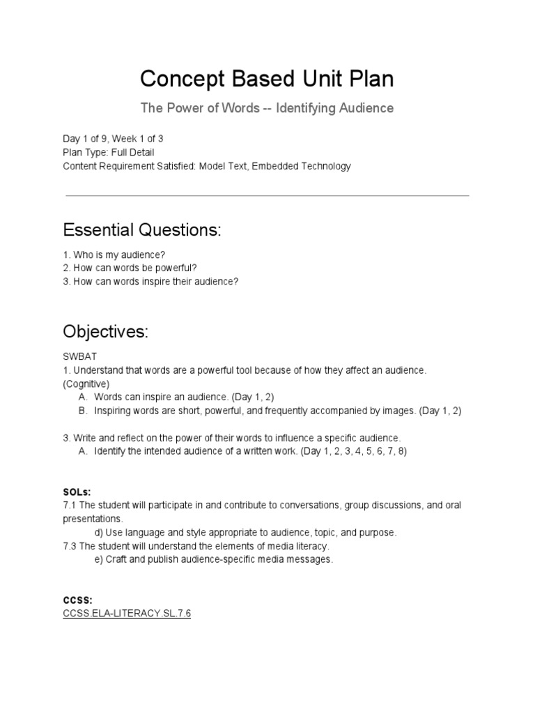 Concept Based Unit Plan: Essential Questions | PDF | Educational ...