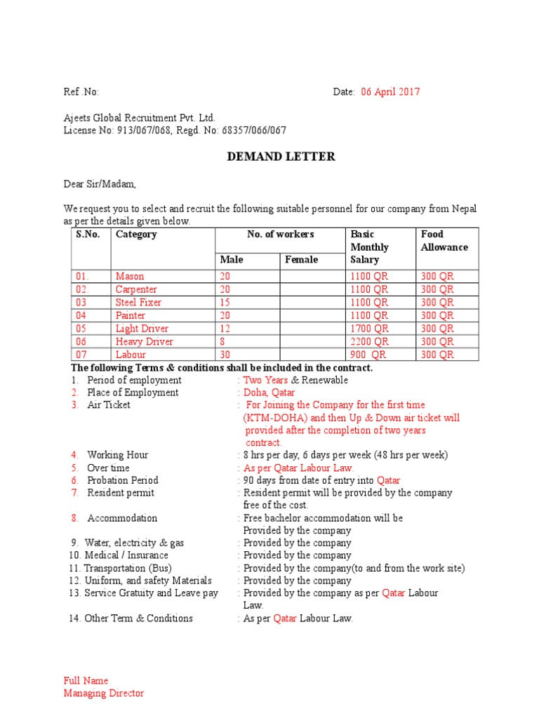 Demand Letter Qatar | PDF | Qatar | Labor