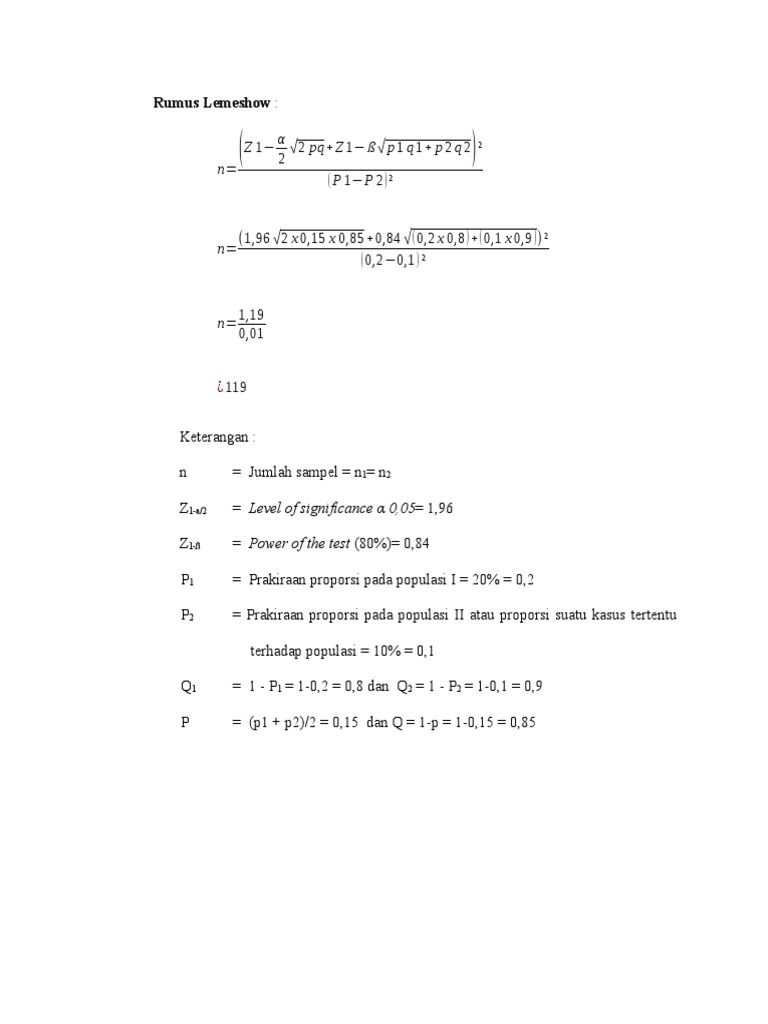 Rumus Lemeshow:: n= Z1− α p1q1+p2q2 P 1−P 2) ² | PDF