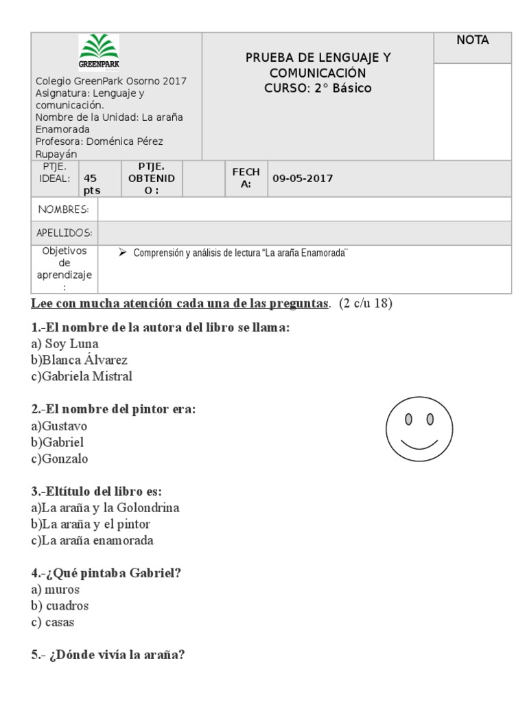 Prueba de Lenguaje 2° Básico: La Araña Enamorada | PDF | Ocio