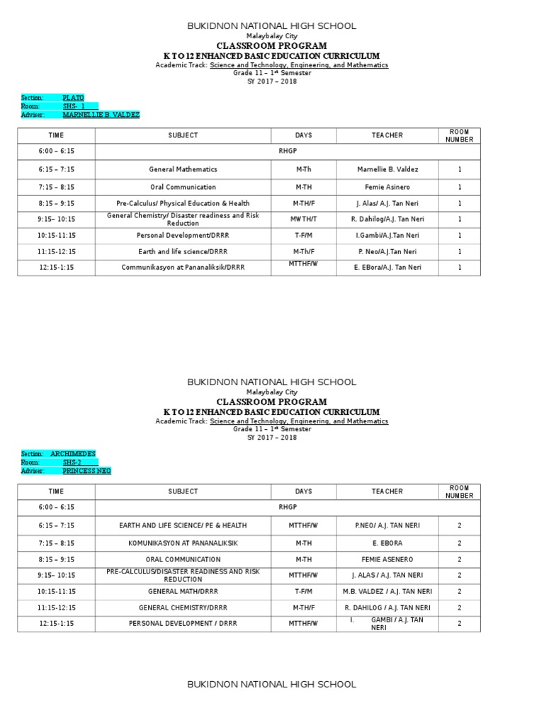Bukidnon National High School Class Schedules | PDF | Curriculum ...